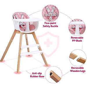 PAPAMIA Baby High Chair, Detachable Infant Feeding Dining Chair, 2-Level Height Adjust Easy-to-Clean Baby Chair with Safety Buckle and Detachable Dinner Plate, for Home and Traveling (Pink)