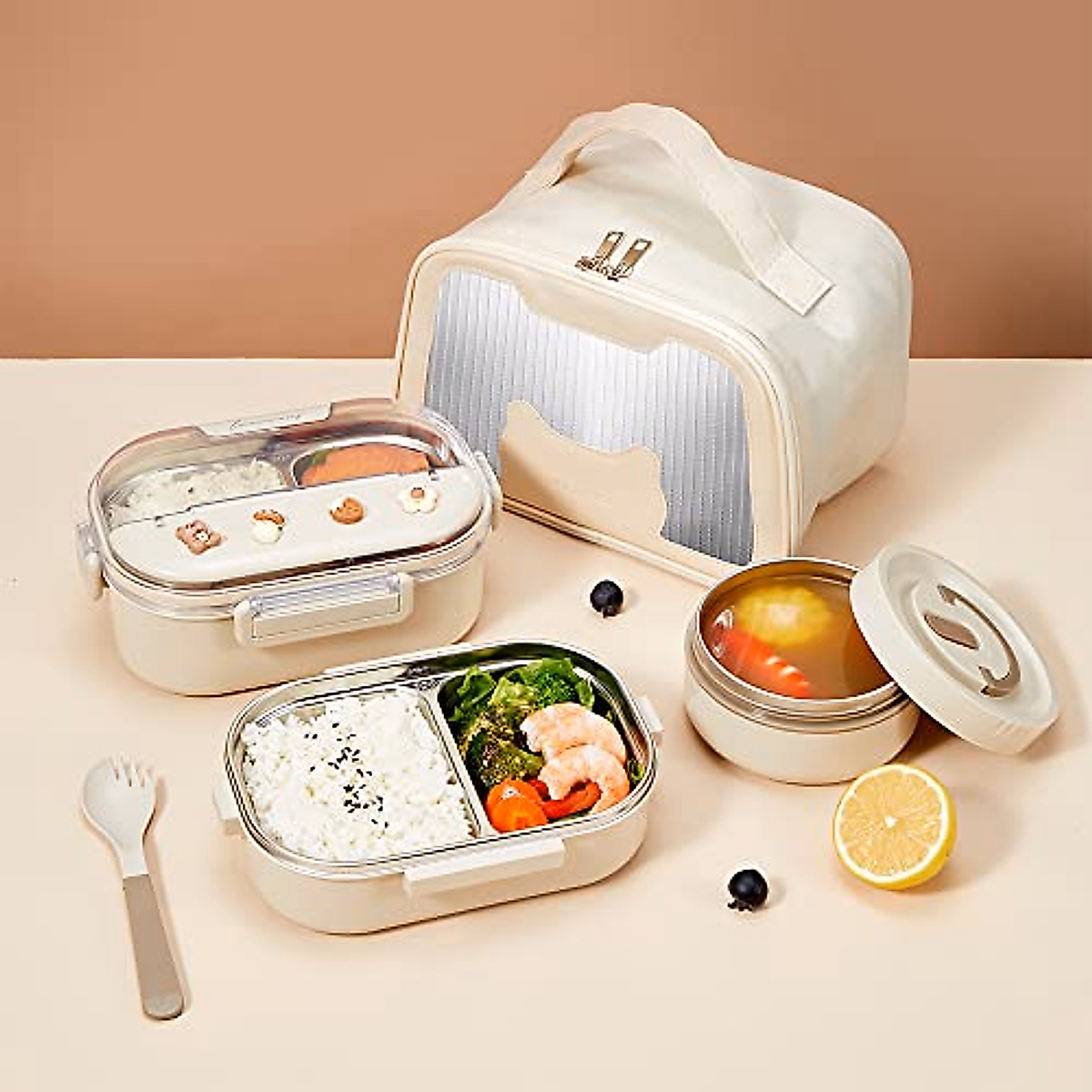 VANDHOME Bento Box Stainless Steel Lunch Box with Cutlery 2-Compartment Lunch Container Reusable Bento Lunch Box, Suitable for Office, Work Meals, BPA-Free Leak-Proof Bento Box (Beige 900ml)