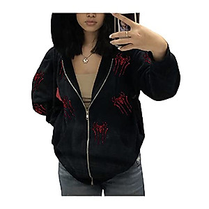 Cbsdezanos Y2k Zip Up Hoodie for Women Rhinestones Skull Skeleton Hoodies Long Sleeve Hooded Sweatshirt Gothic Harajuku Streetwear (Black Red Spider, M)