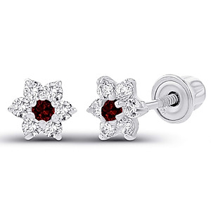 Solid 14K Rose Gold 1.50mm Natural Red Garnet January Birthstone Flower Screwback Stud Earrings | 5mm Flower Earrings | 1.25mm Created White Sapphire Flower Screwback Earring
