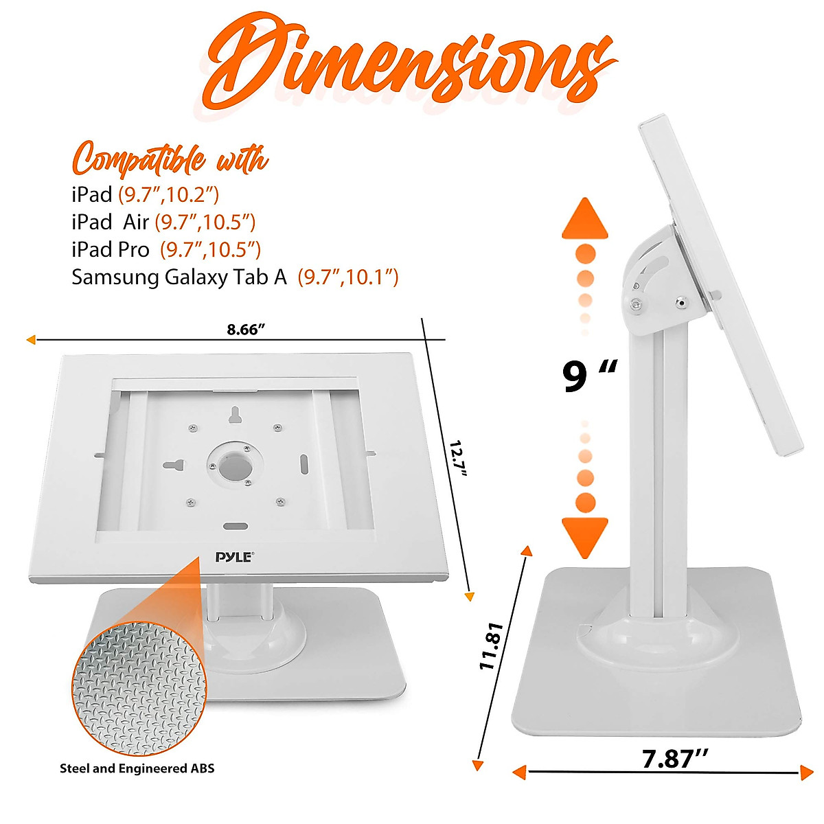 Pyle Anti Theft Tablet Security Stand - Table Mount Desktop Ipad Kiosk Stand w/Lock and Key Mechanism, 90° Rotate 75° Tilt - iPad, iPad Air, iPad Pro, Samsung Galaxy Tab A (2023) PSPADLK18, White