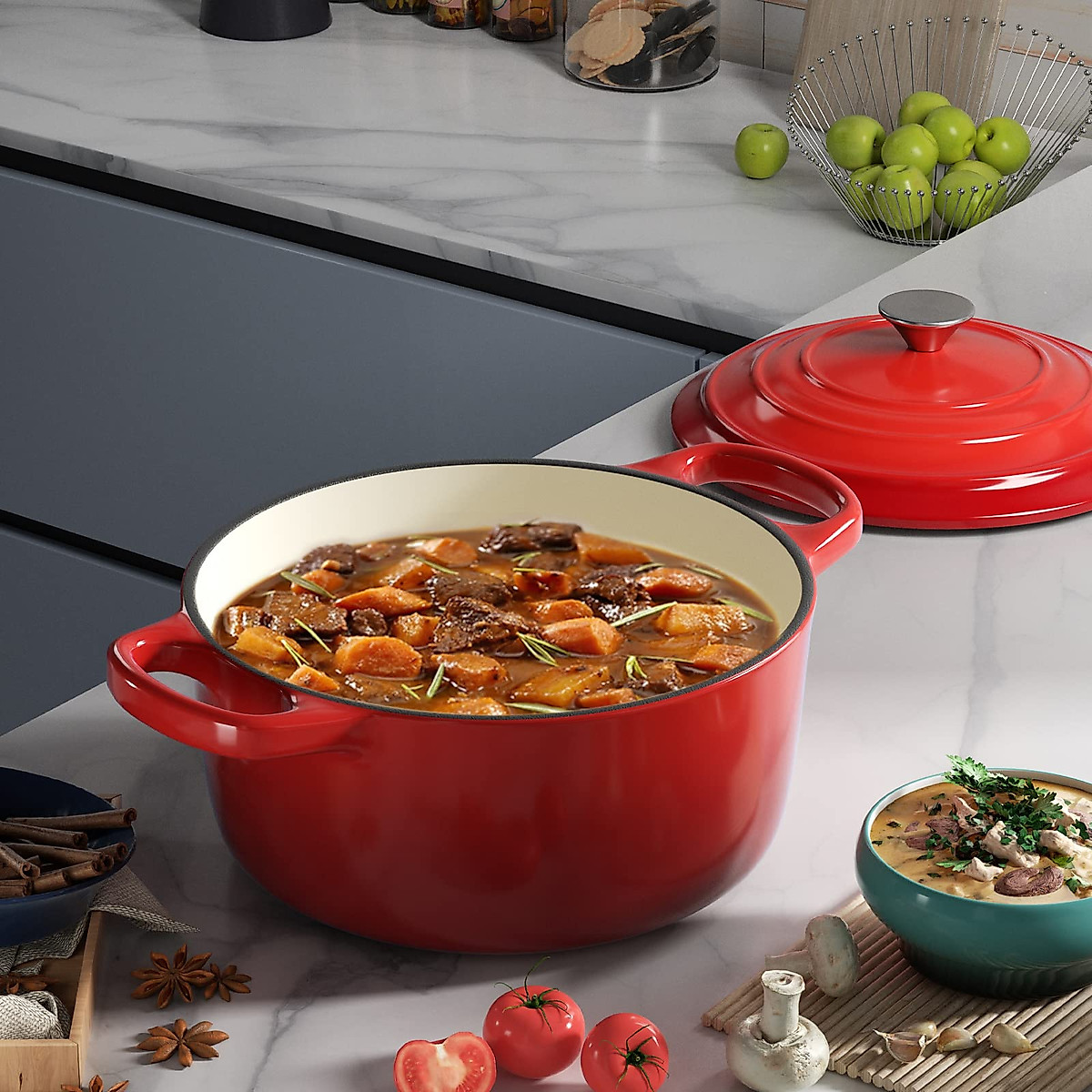 Miereirl 6 QT Enameled Dutch Oven Pot with Lid, Cast Iron Dutch Oven with Dual Handles for Bread Baking, Cooking, Non-stick Enamel Coated Cookware (Red)