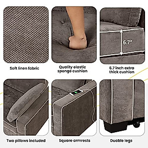 Gynsseh Pull Out Sofa Sleeper, 3 in 1 Convertible Sleeper Sofa Bed with Dual USB Ports and 2 Pillows, Linen Upholstered Adjustable Loveseat Couch with Pull Out Bed for Living Room (Brown Gray)