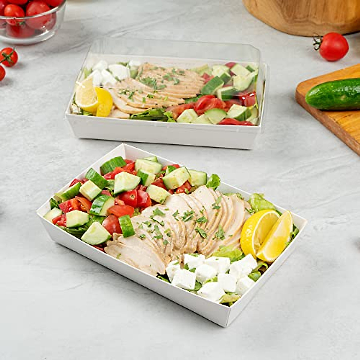 Restaurantware Matsuri Vision Rectangle White Paper Medium Sushi Tray - 8" x 5" x 1 1/2" - 100 count box