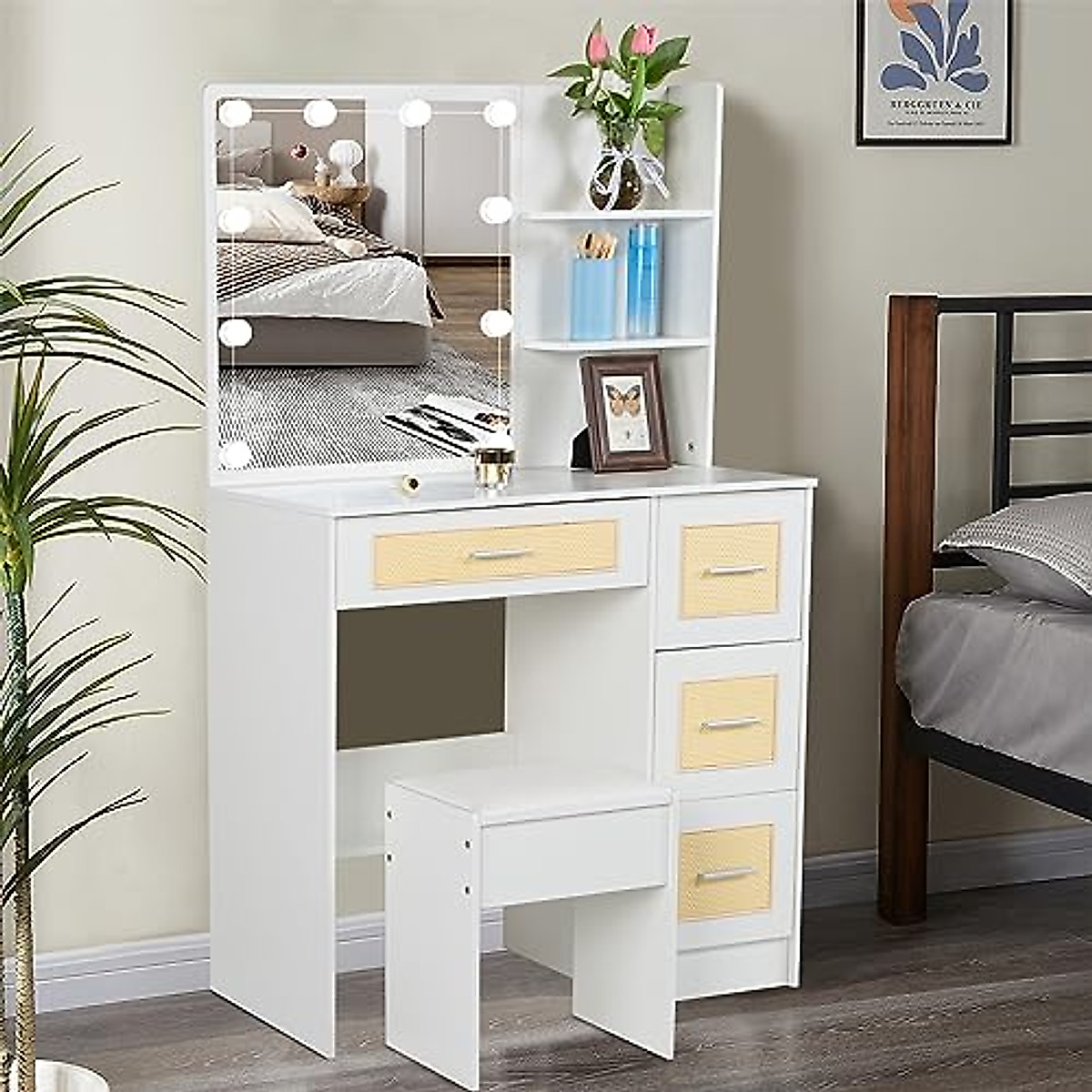 JBLCC Makeup Vanity Table with Lighted Mirror,Large Vanity Desk Set with Shelves, Dresser Desk and Cushioned Stool Set White (3076)