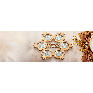 Zion Judaica Artistic Passover Seder Plate Pomegranate Shape Seder Tray Shiny Aluminum with 6 Glass Liners/Dishes Marked with the Names of Symbolic Pesach Foods Passover Plate Decor (Gold)