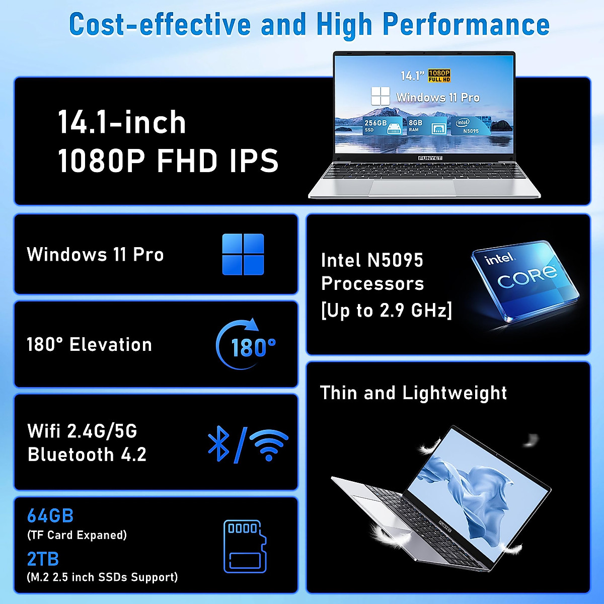 FUNYET 14 Inch Gaming Laptop, Laptop Computer 2025 Windows 11 Pro, 8GB RAM 256GB SSD, Intel 11th Gen N5095 Processor(up to 2.9 GHz), FHD 1920 x 1080