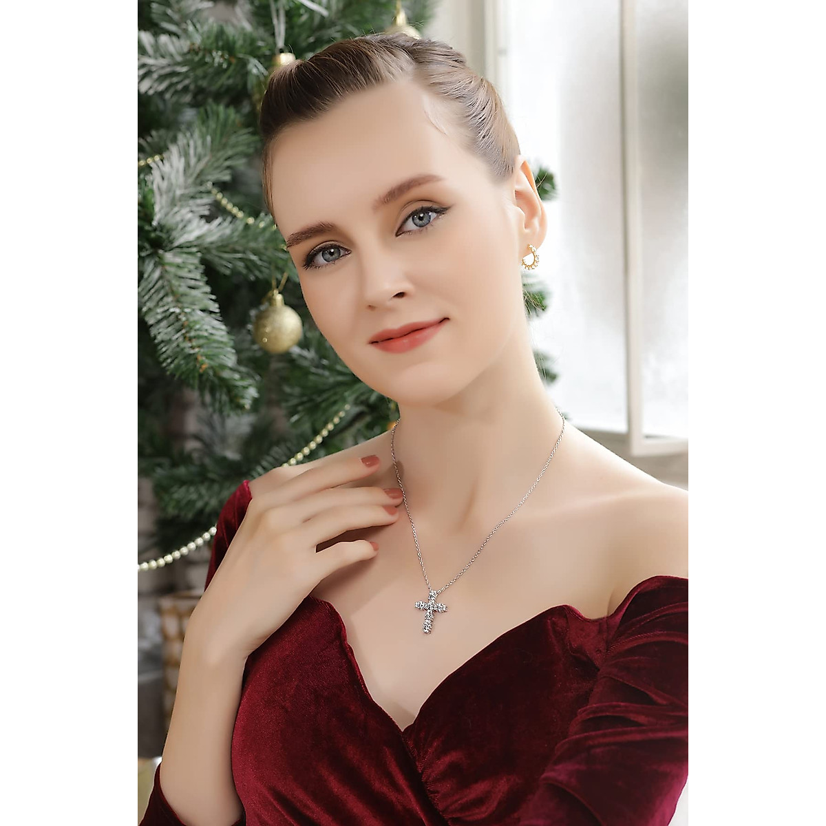 B. BRILLIANT Cross Necklace for Women | Sterling Silver Necklace Round-cut AAA Cubic Zirconia Big Large CZ Crosses for Women with Gift Box