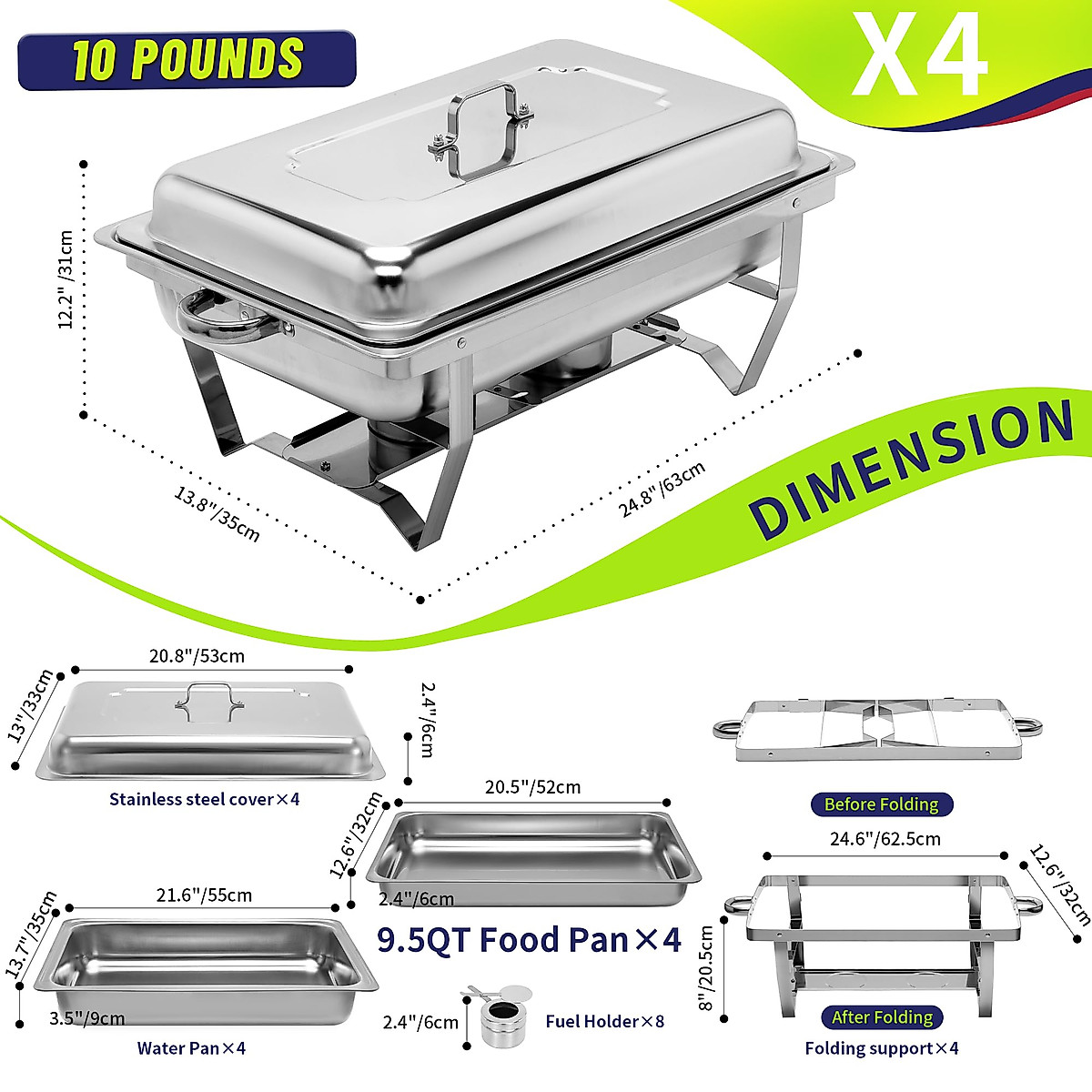 STEELUS 4 Pack Chafing Dish Set with Full Size Food Pan, Stainless Steel Chafer Food Warmer, Complete Set