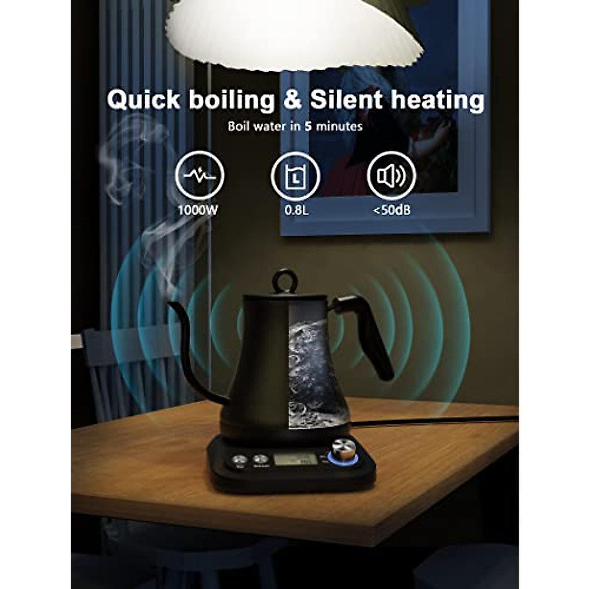 Elechelf Electric Gooseneck Kettle, 0.8L Pour-Over Coffee Kettle, Variable Temperature Control Tea Kettle, Auto Shut off & Boil-Dry Protection, 1000W Stainless Steel Electric Kettle