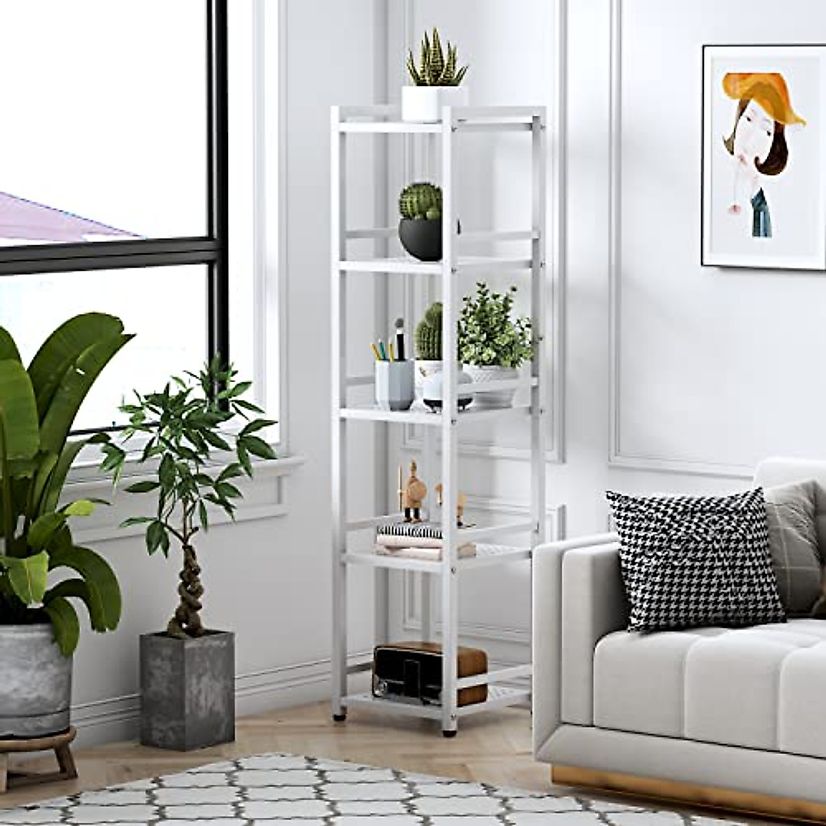 villertech 5 Tier Metal Storage Shelving Units Bathroom Standing Shelves Narrow Storage Rack Shelf for Kitchen Living Room Office Laundry Pantry White