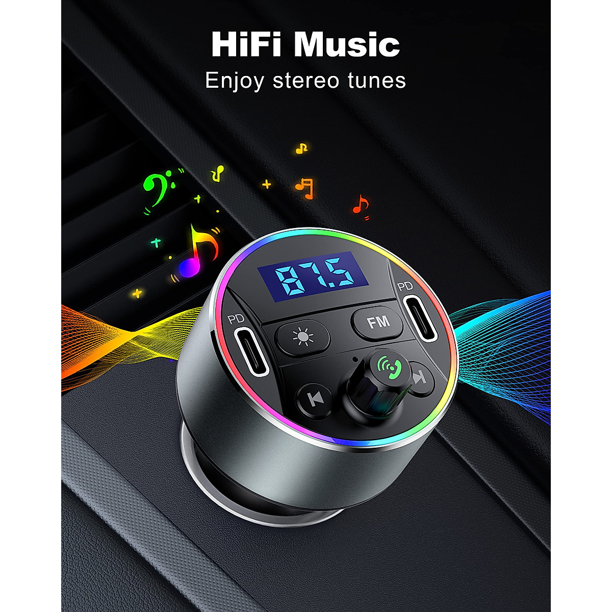 Dual PD 40W Type-C USB Car Charger Bluetooth Car Adapter Bluetooth 5.3 FM Transmitter for Car with Microphone & HiFi Sound MP3 Music Player Radio Audio Receiver Support Hands-Free Calling