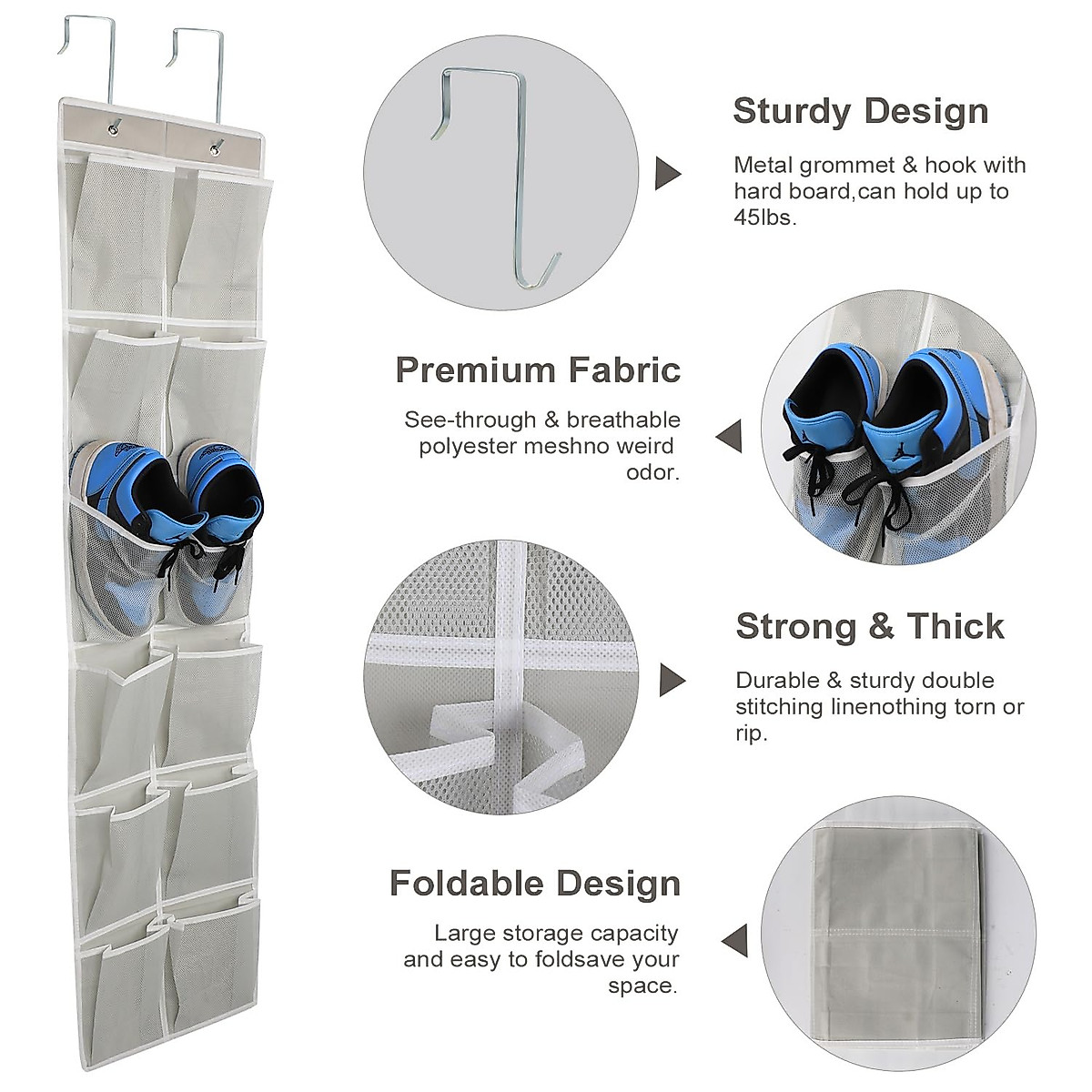 GOMAJI Over the Door 12 Pocket Hanging Shoe Organizer, Gray