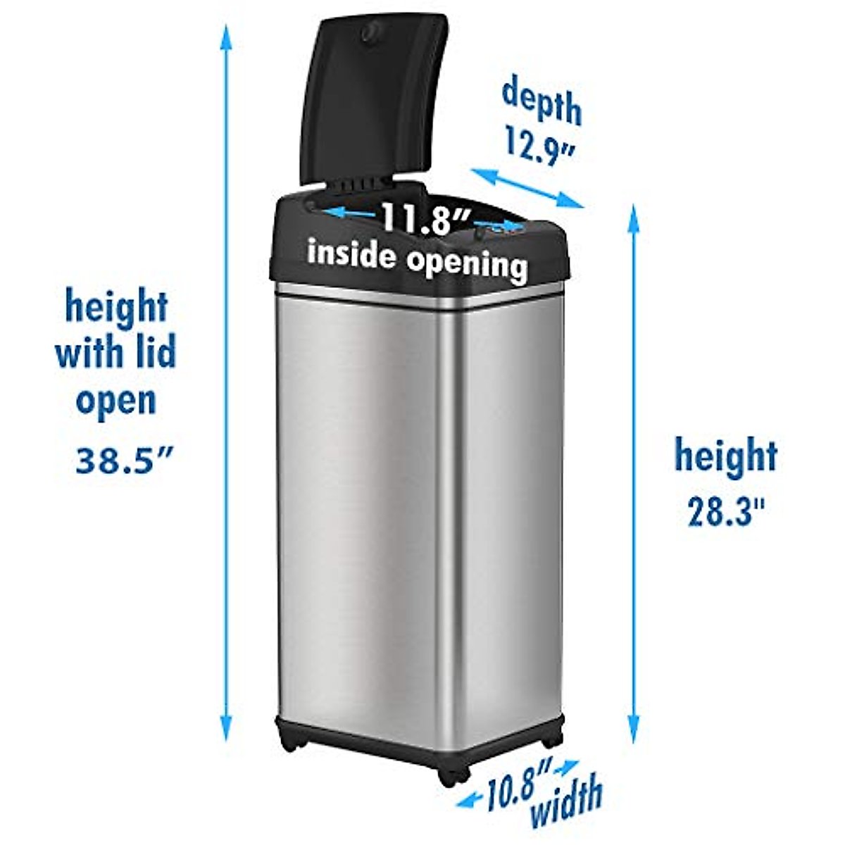 iTouchless Glide 13 Gallon Sensor Trash Can with Wheels and Odor Control System Stainless Steel Silver Rectangle Fingerprint Proof Seal On-Off Switch
