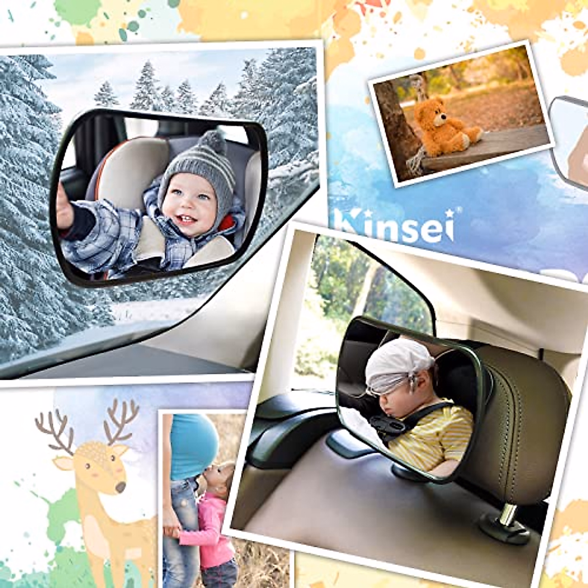 KINSEI Baby Car Mirror - Rear View Baby Car Back Seat Mirror - Child Observation Mirror Wide Convex and Shatterproof - 2 way of Connection Suitable for both Rear-facing and Forward-facing