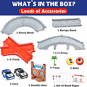 142 Pieces Police Patrol Chase Create a Road Super Snap Speedway - Magic Journey Flexible Track Set with LED Light Up Toy Cars