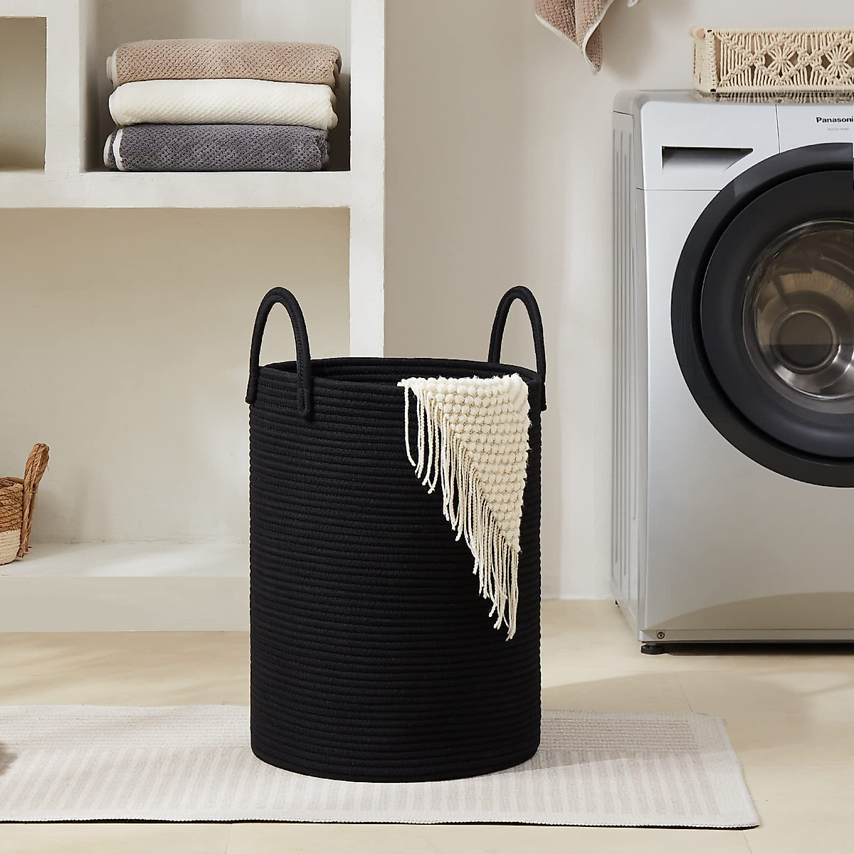 Fiona's magic Woven Rope Laundry Basket, 58L Tall Laundry Hamper for Blanket Storage, Large Baby Nursery Basket for Laundry, Decorative Clothes Hamper for Bedroom, Living Room and Bathroom, Black