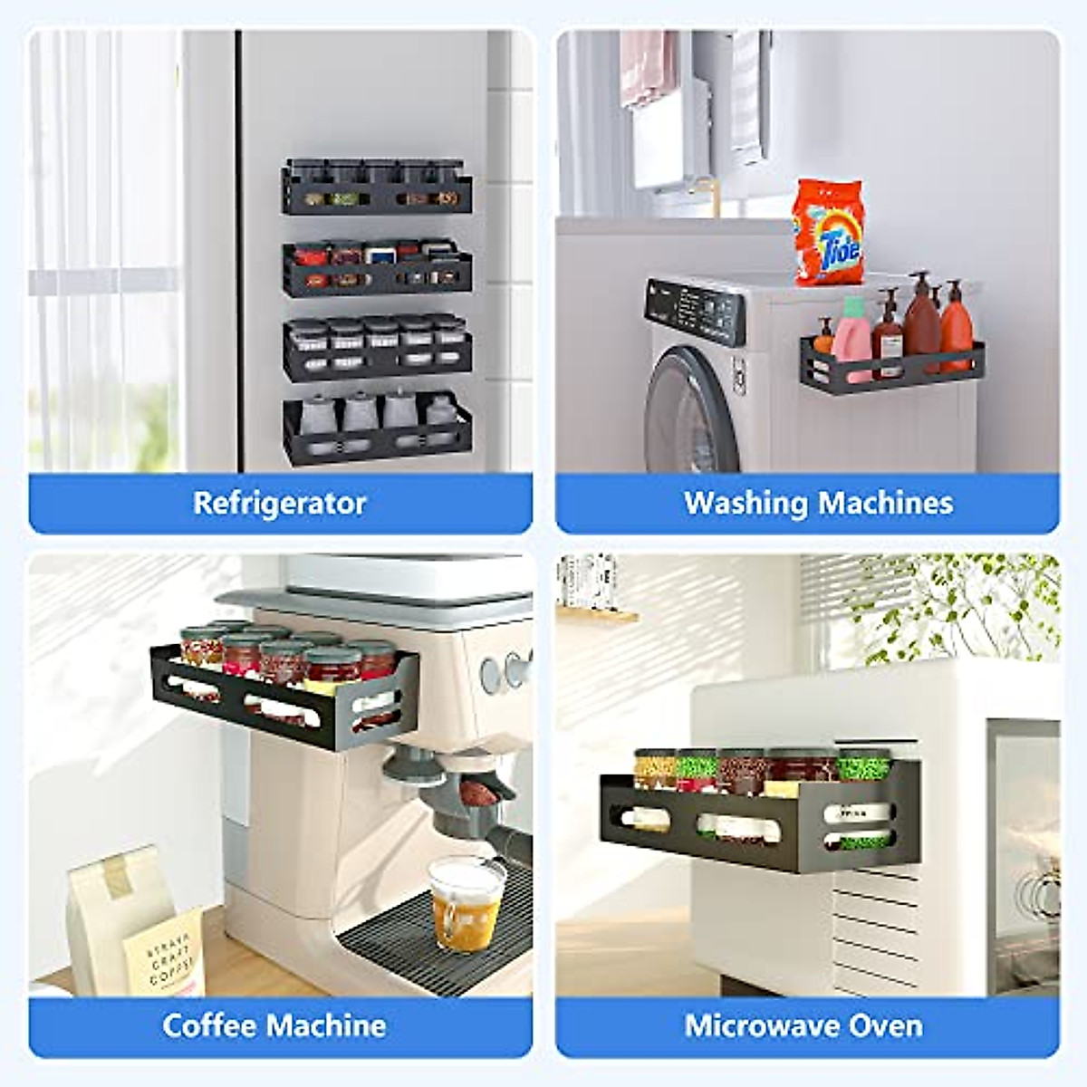 Magnetic Spice Rack Organizer for Refrigerator, LIDTOP 4pcs Hanging Spice Rack Wall Mount Metal Seasoning Organizer Rack Moveable Space Saver Fridge Spice Organizer for Refrigerator and Microwave Oven