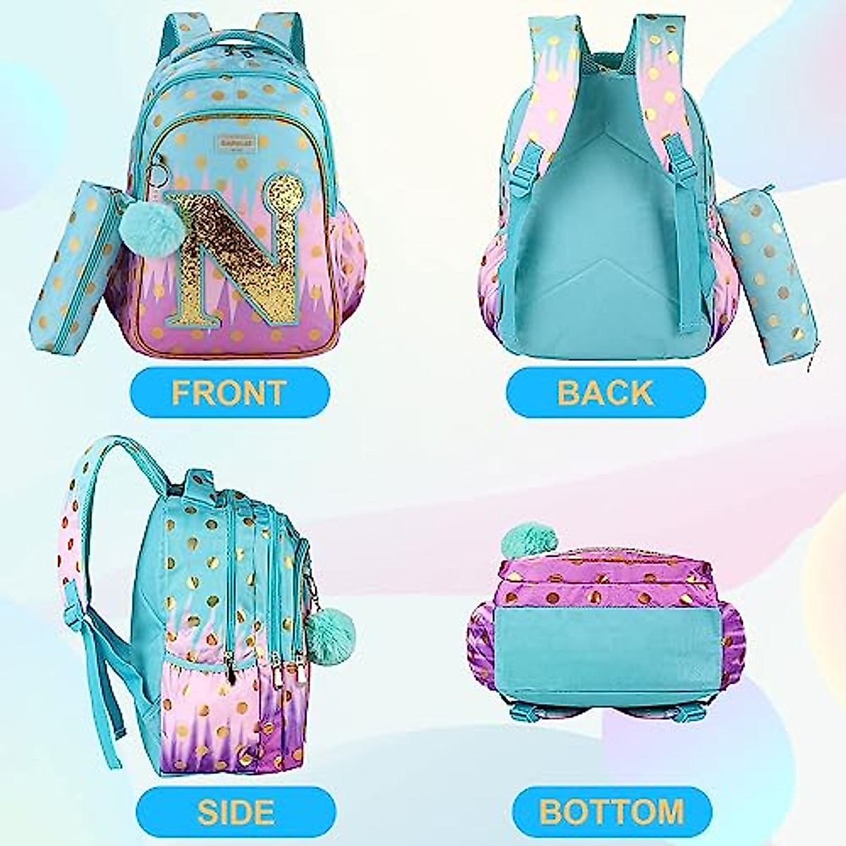 SARHLIO Kids Backpack with Pencil Case, Glitter Galaxy Elementary School Girls School Bag Large 16 Inch Bookbag with Letter N Sparkling Sequin Tower Design