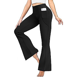 Pinspark Women's Ribbed Bootcut Yoga Pants with Pockets High Waisted 31" Lenght Pants Elastic Leggings Flare Workout Pants Black M