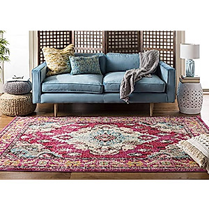 SAFAVIEH Monaco Collection Area Rug - 6'7" Square, Pink & Multi, Boho Chic Medallion Distressed Design, Non-Shedding & Easy Care, Ideal for High Traffic Areas in Living Room, Bedroom (MNC243D)