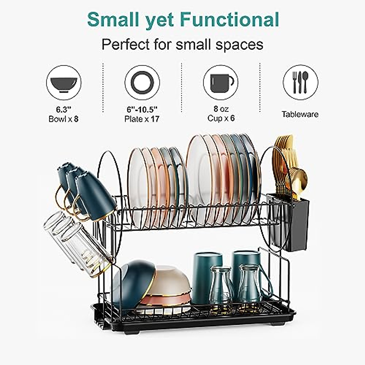 iSPECLE Dish Drying Rack - 2 Tier Small Dish Racks for Kitchen Counter with Glass Holder, Utensil Holder and Drainboard, Small Dish Dryer Rack, Multifunctional Dish Drainer, Black