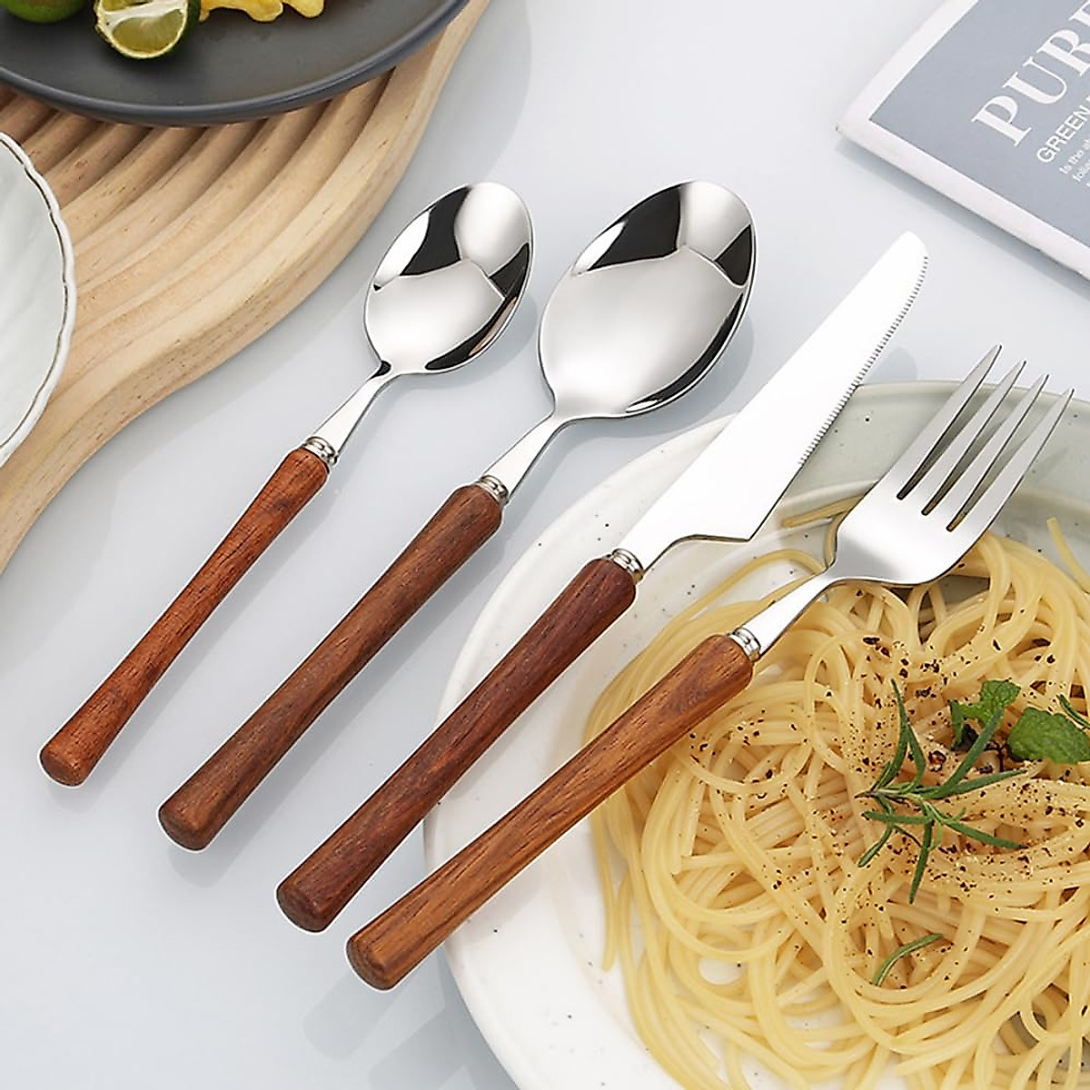 Aimilan 24 Piece wood Silverware Set for 4, 18/10 Stainless Steel Wooden Handle Flatware Cutlery Set for Home Kitchen Restaurant, Mirror Finish, Dishwasher Safe (24-Piece for 4)