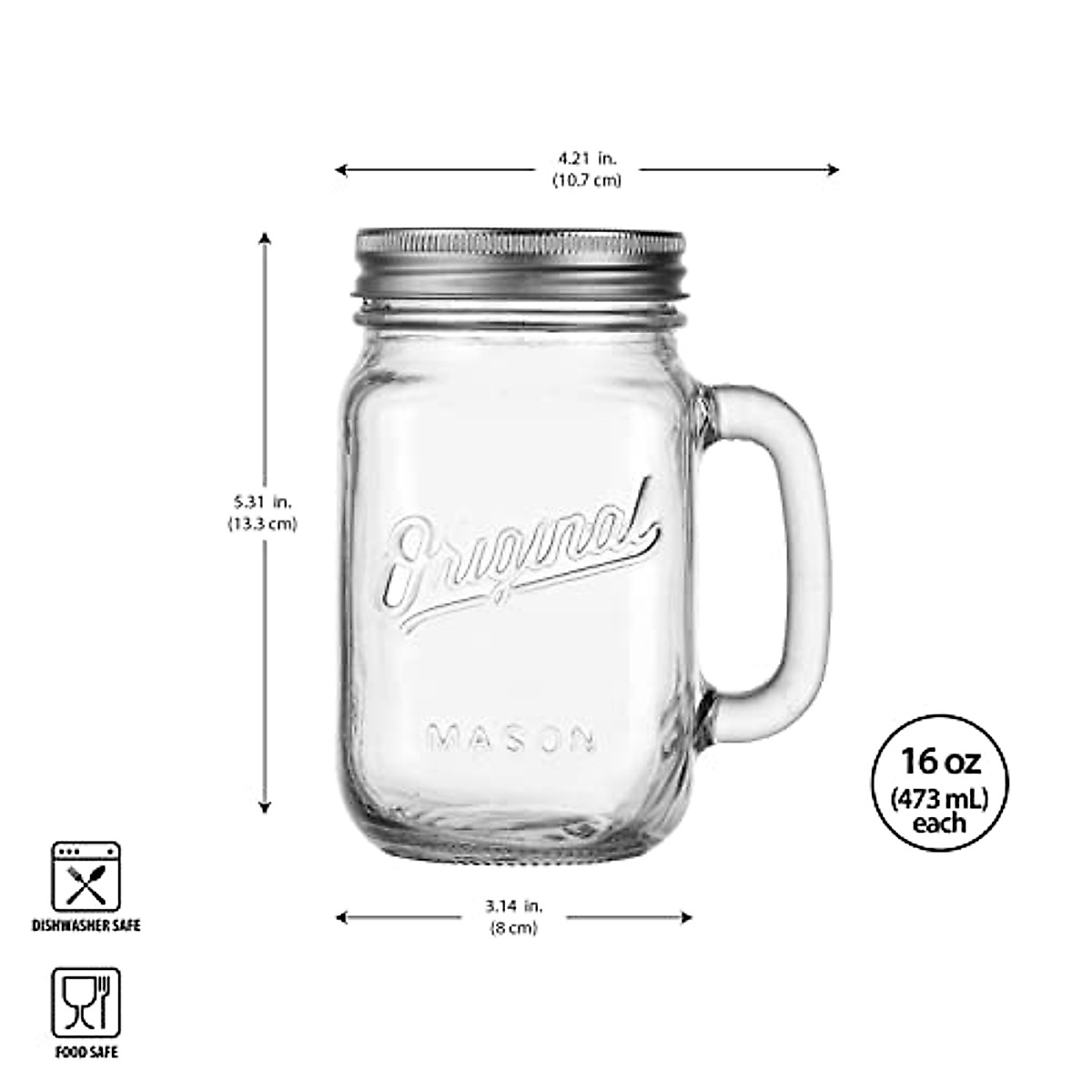 Glaver's Mason Jar 16 Oz. Glass Mugs with Handle and Lid Set Of 6 Old Fashioned Drinking Glass Bottles Original Mason Jar Pint Sized Cup Set.