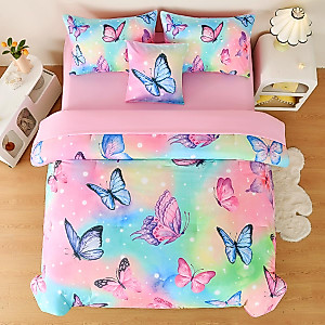 Tasselily Butterfly Bedding Set Full, Pink Butterfly Comforter Set for Girls Kids Teens 6 pcs Bed in a Bag Full Bedding Sets for Girls