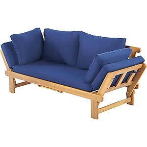 PayLessHere Outdoor Couch Patio Couch Daybed with Adjustable Armrest, Wooden Loveseat with Cushion and Pillow, and Expandable Plate