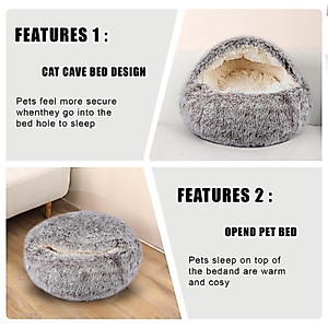 Calming Dog Beds & Cat Cave Bed with Hooded Cover,Washable Round Beds for Small Medium Pets,Anti-Slip Faux Fur Fluffy Coved Bed,Comfortable Warming Pet Bed (24 * 24inch,Khaki)