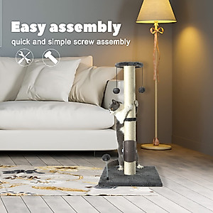 PEEKAB 32" Tall Cat Scratching Post Sisal Scratch Posts with Hanging Ball and Self-Massage Brush Vertical Scratcher for Indoor Cats and Kittens(Gray 32inches)