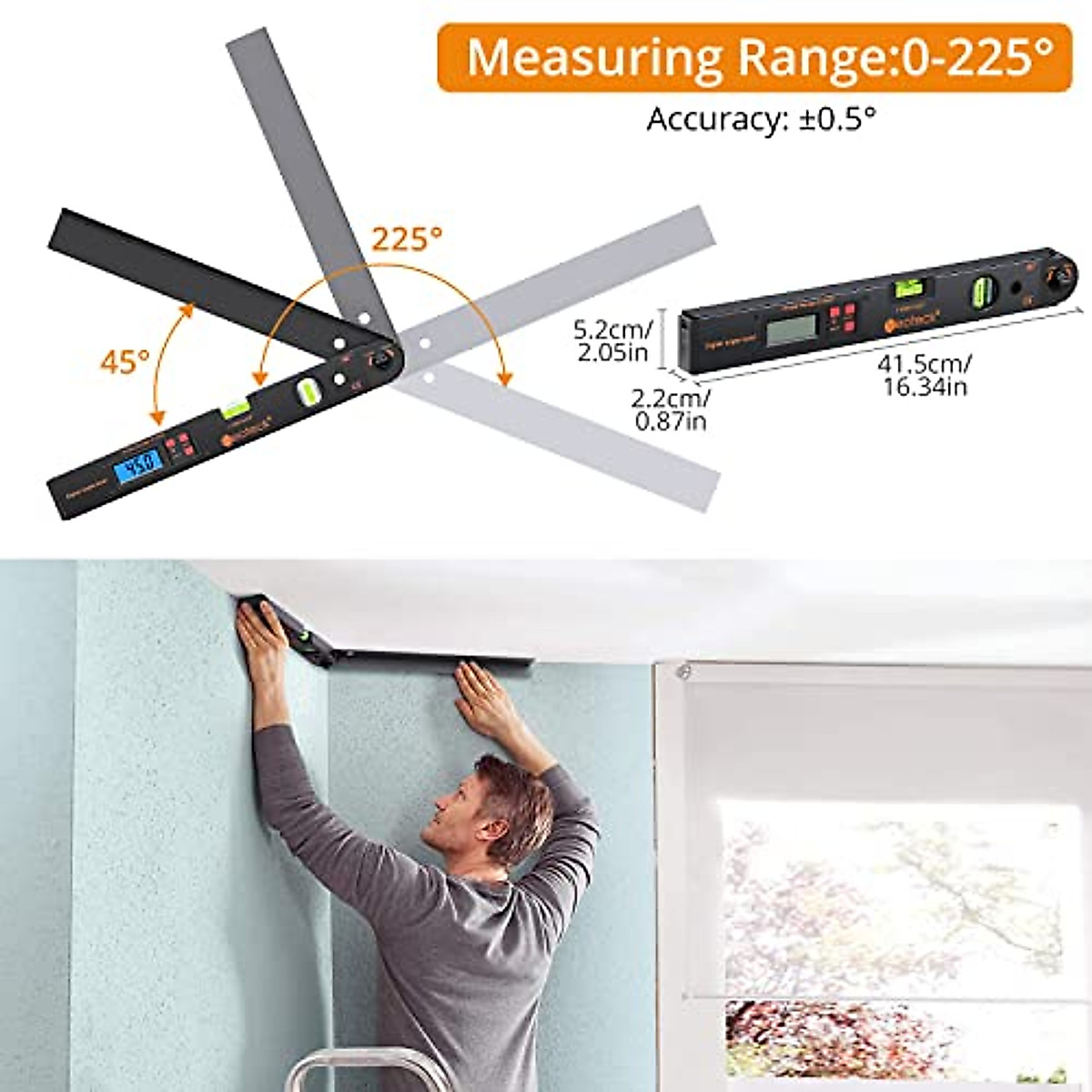 Neoteck Aluminum Digital Angle Finder Protractor 225° 16 inch Backlit LCD Digital with Horizontal and Vertical Bubble - Black