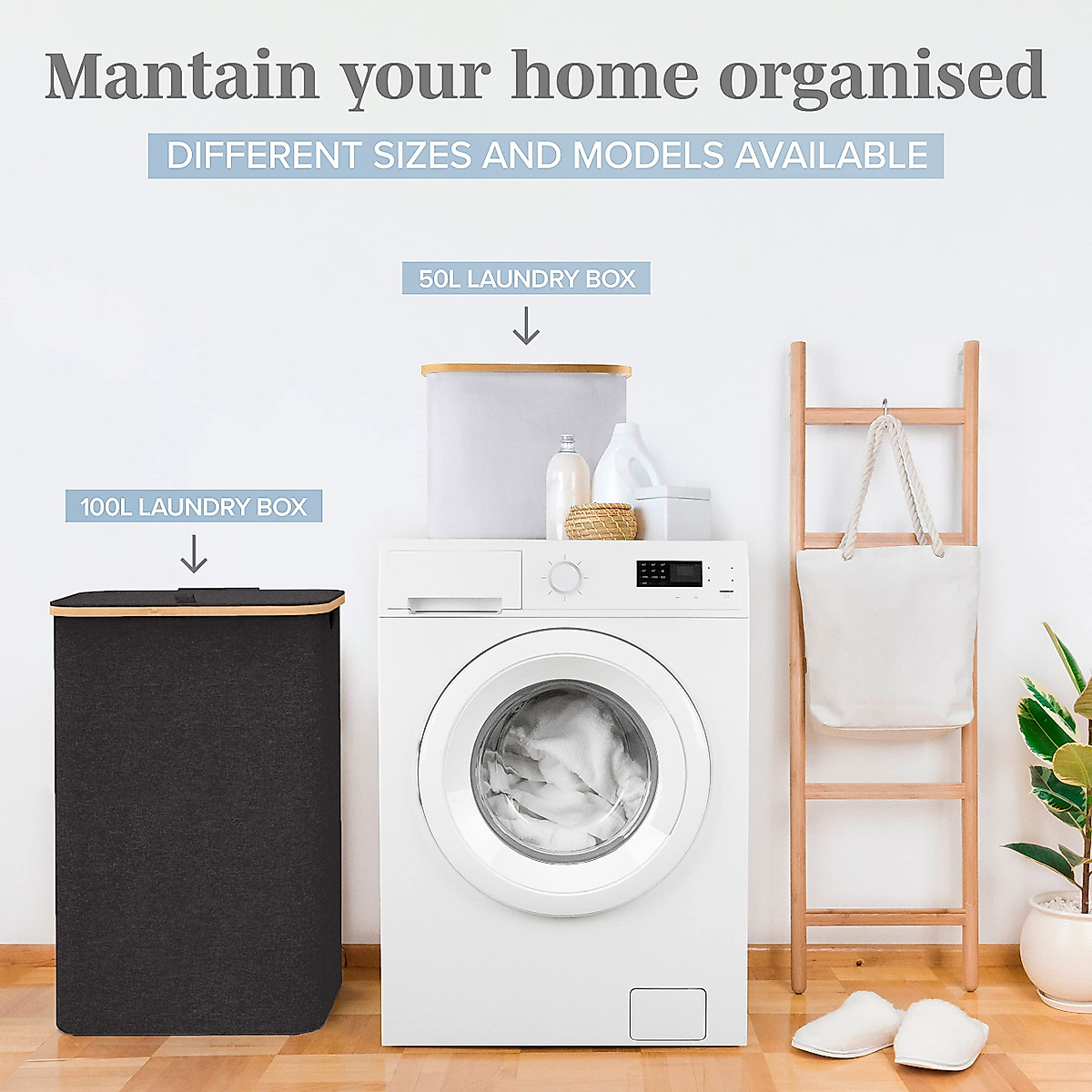 LONBET 26 Gal. Laundry Basket with Lid, Made from Breathable Fabric Aesthetic Clothes Hampers for Laundry with Side Handles & Sturdy Bamboo Frame Laundry Hamper with Lid & Removable Bag, Black