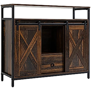 HOMCOM Industrial Sideboard Buffet Cabinet, Kitchen Cabinet with Sliding Barn Doors, Coffee Bar Cabinet with Stemware Racks, Drawer and Adjustable Shelves for Living Room, Home Bar, Rustic Brown