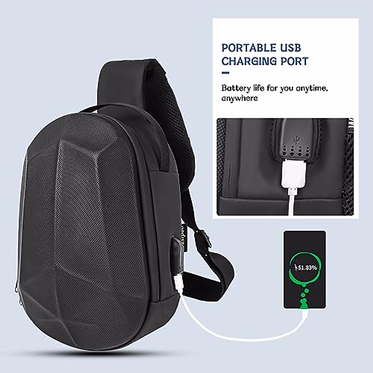 Wzsipod Anti-Theft Small Hard Shell Sling Bag for Men Women, Crossbody Backpack Bag for Adults, One Strap Chest Bags for Men, Lightweight Quest 2 Case With USB-A Charger Port (Black)