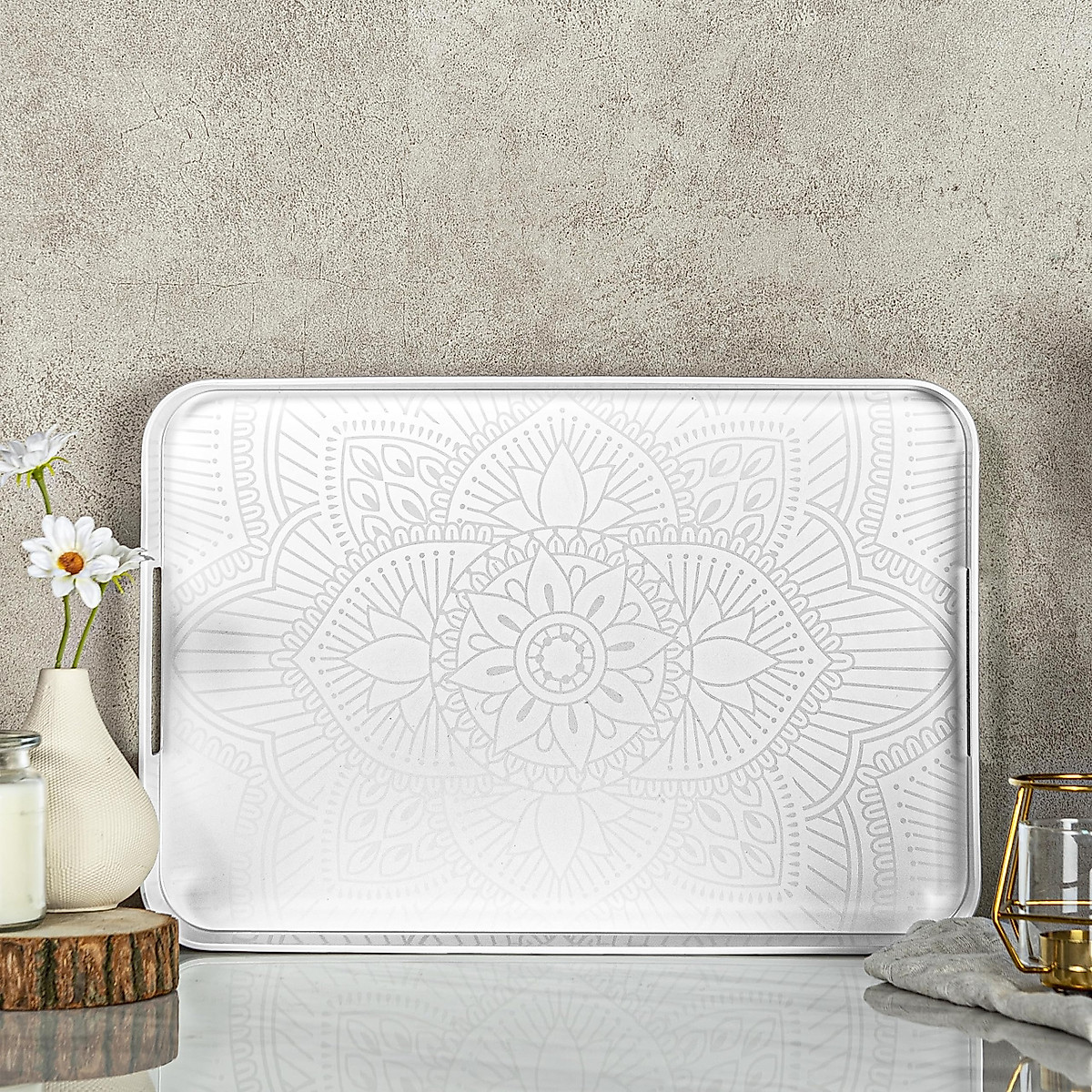 Bzyoo Melamine Gallery Tray -11.5in x 16inch Large Rectangle Serving Tray with Handle for Entertaining, Ottoman and Kitchen Counter Decor, Decorative Home Coffee Table Tray or Vanity Tray - White