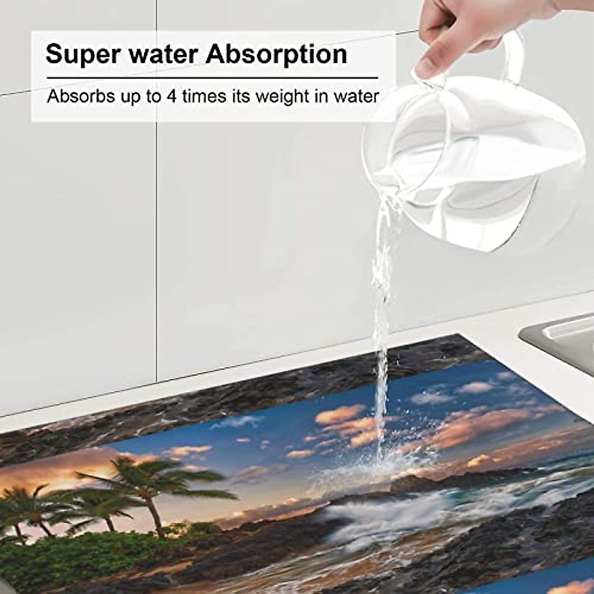 Palm Trees Clouds Tropical Coast Printed Drying Mat For Kitchen Ultra Absorbent Microfiber Dishes Drainer Mats Non-Slip Silicone Quick Dry Pad - 18 X 16inch