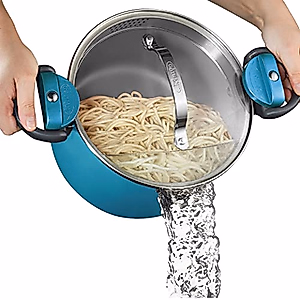 Gotham Steel 5 Quart Stock Pot Ceramic Multipurpose Pasta Pot with Strainer Lid & Twist and Lock Handles, Tempered Glass Lid, Dishwasher Safe, Aqua Blue