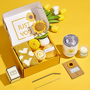 Gifts for Women, Self Care Package for Women Crochet Sunflower Gift Baskets for Women Birthday, Mothers Day Gifts Unique Sending Sunshine Gifts