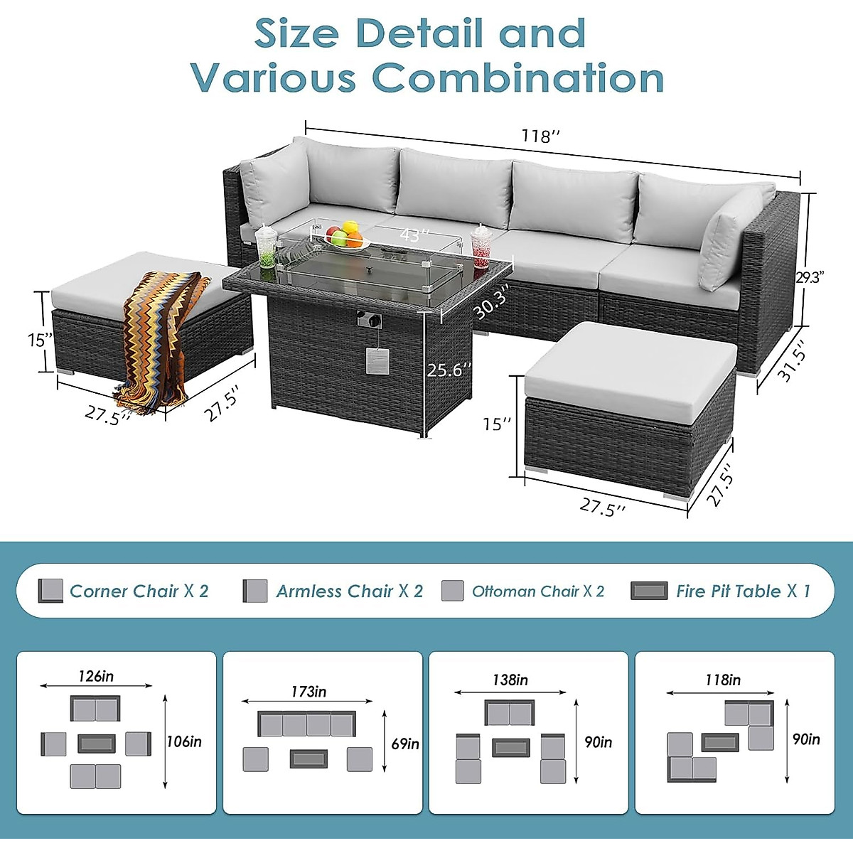 RADIATA PE Wicker Patio Furniture Set Sectional High Back Large Size Sofa Sets with Propane Fire Pit Table 55000 BTU Balcony Rattan Lounge Conversation Sets for Outdoor (7 Pieces,Light Gray)