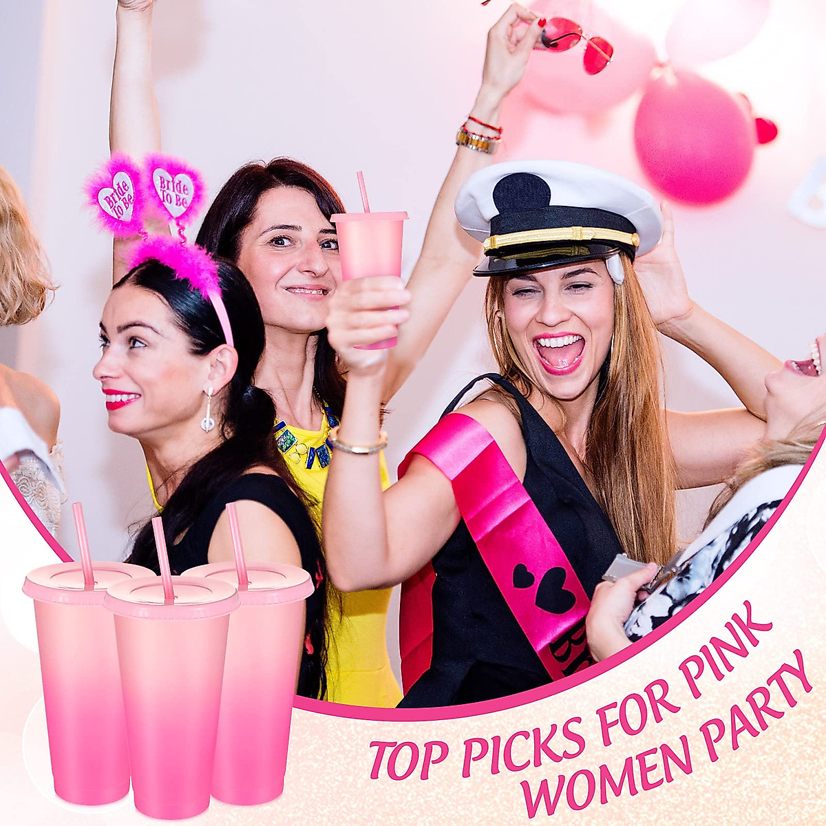 Lallisa Reusable Cups with Lids and Straws 24oz Plastic Cups for Adults Plastic Drink Water Bottle Travel Mug Iced Cold Drinking Cup for Bachelor Party Girls Party(Hot Pink, Pink, 12 Pcs)