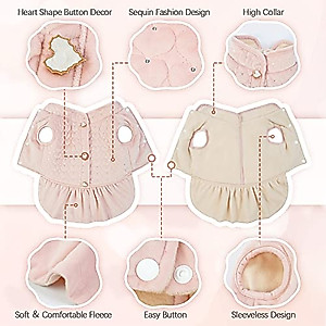 IKIPUKO Winter Dog Dress, Fleece Pet Skirt with Sequin Dog Warm Coat Girl One-Piece Heart Shape Decorate Button Winter Clothes Cute Puppy Clothes for Small Medium Dogs,L