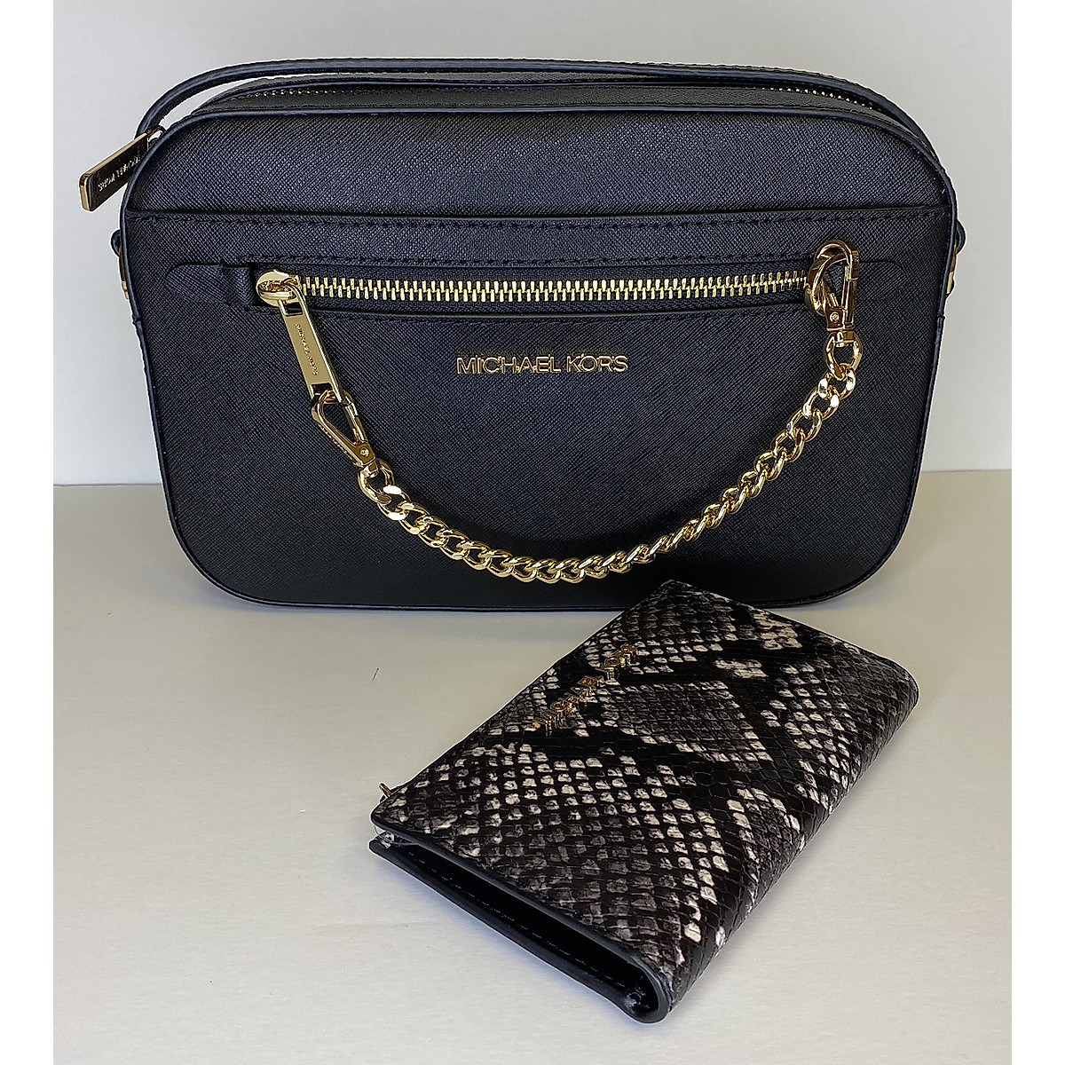 MICHAEL Michael Kors Jet Set Large Crossbody Bag bundled with Jet Set Travel SM Zip Card Case Wallet (Black/Python Embossed)