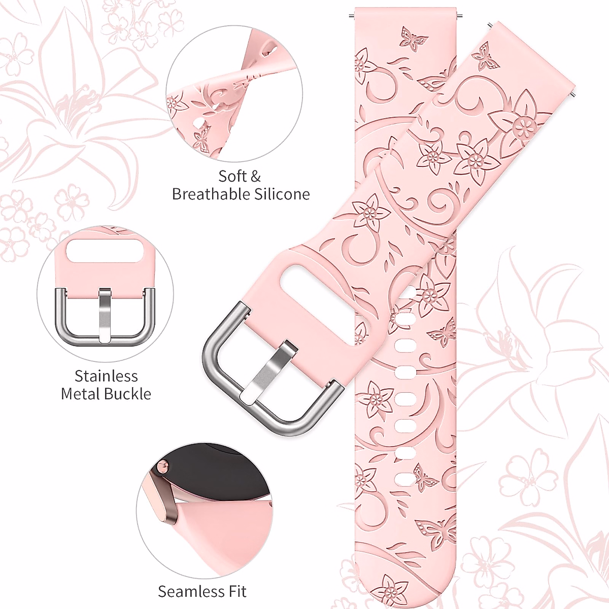 SuperNaNa Floral Design 3 Pack Samsung Galaxy Watch Bands for Women, Elegant Butterfly and Wildflower Engravings, 20mm Width, Quick Release, Soft Silicone