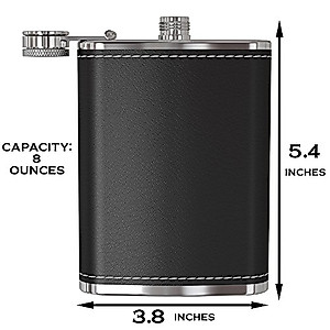 Flask for Liquor and Funnel - 8 Oz Leak Proof 18/8 Stainless Steel Pocket Hip Flask with Black Leather Cover for Discrete Shot Drinking of Alcohol, Whiskey, Rum and Vodka | Gift for Men
