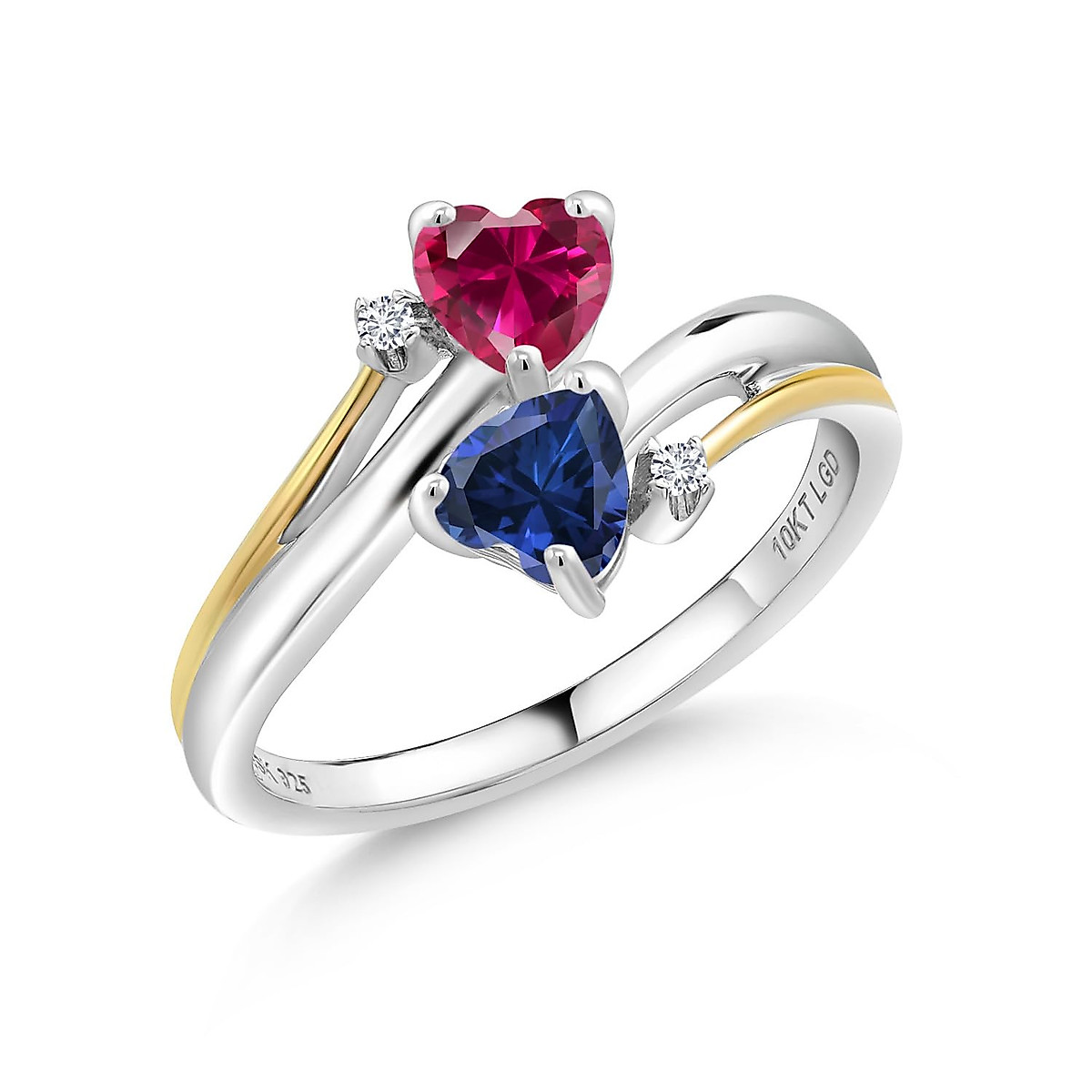 Gem Stone King 925 Silver and 10K Yellow Gold Red Created Ruby Blue Created Sapphire and Lab Grown Diamond 2 Heart Promise Couple Engagement Mother Ring (1.12 Cttw, Available In Size 5, 6, 7, 8, 9)