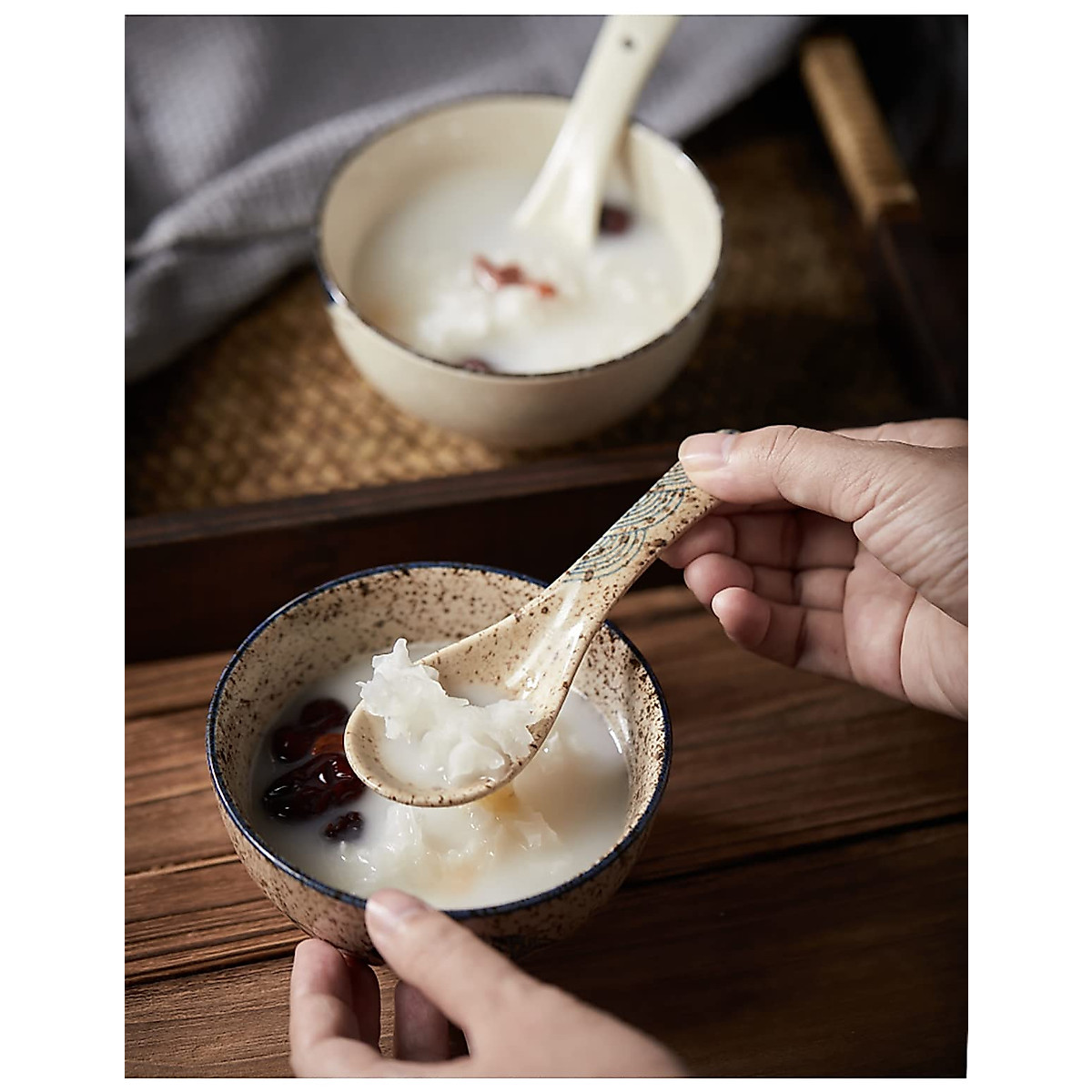 Bicuzat Vintage Style Soup Spoons Set of 5, Asian Ceramic Ramen Spoons for Broth, Chaos, Salad, Noodles, Miso Soup, Chinese Soup, Rice Spoon, 5 Inch