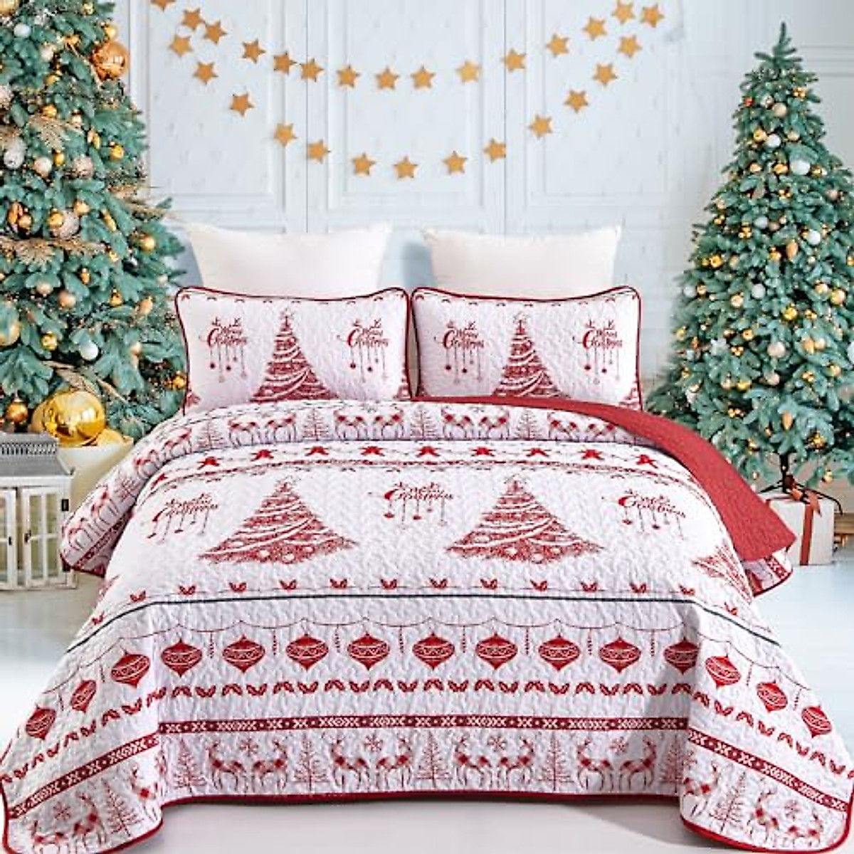 Christmas Tree Elk Quilt Set - 3PCs Soft Microfiber Lightweight Quilt Set Bedspread with 2 Pillowcases for Kids Teens Adults, Queen Size 90" x 96