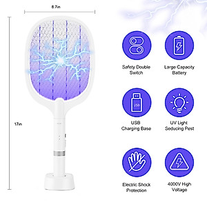 Electric Fly Swatter Rechargeable 4000V High-Volt Bug Zapper Racket, 2-in-1 Detachable Bug Swatter Mosquito Killer with Purple Light & 3-Layer Safety Nets Portable Fly Zapper for Indoor Outdoor